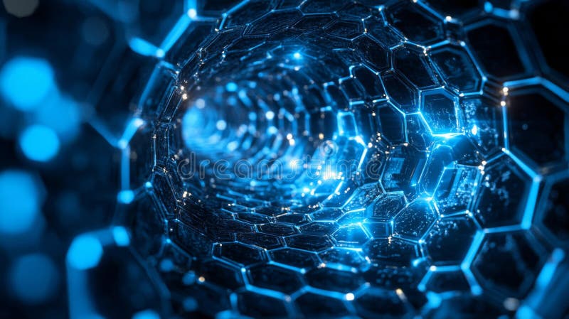 Abstract Blue Geometric Tunnel with Glowing Lights and Hexagonal ...