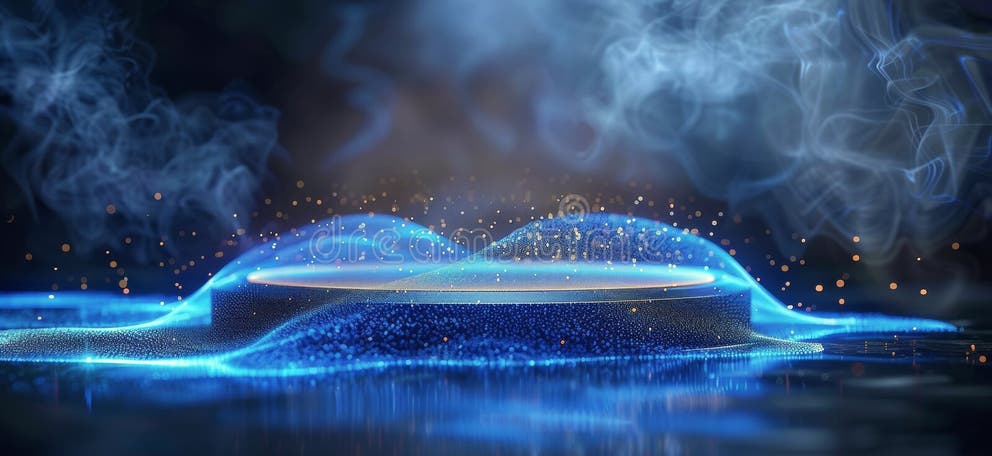 Abstract Blue Glow and Smoke Effect on Black Circular Platform Stock ...