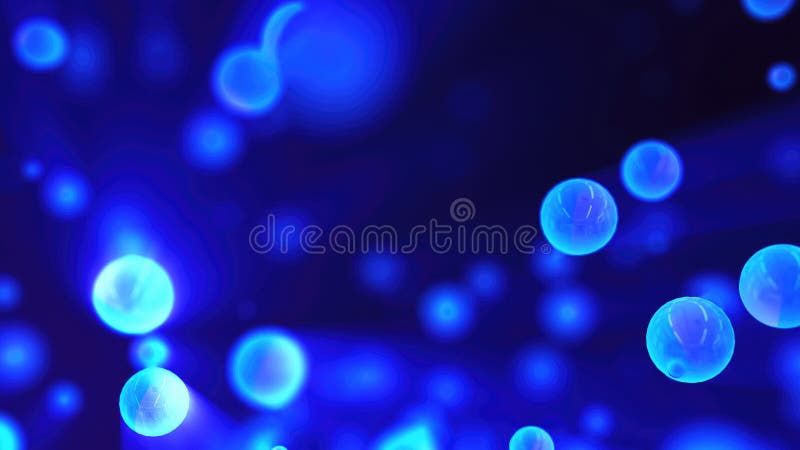 Abstract Blue Glowing Background with Flying Balls Circles Atoms ...