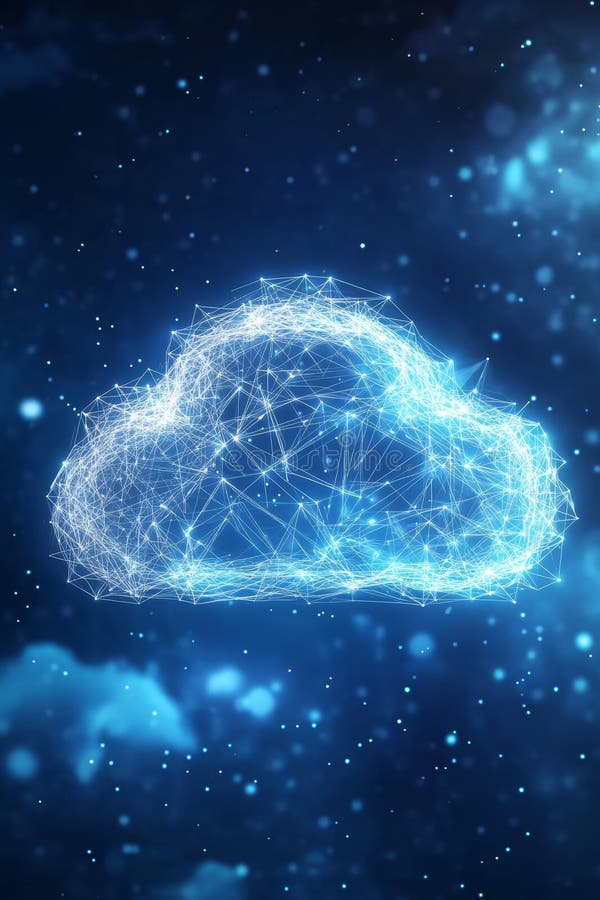 Abstract Blue Glowing Cloud Computing, Big Data, Network Connection Concept on Dark Background ...