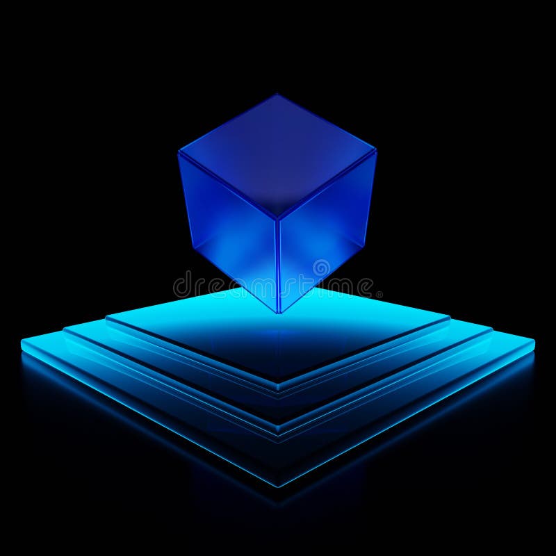 Abstract Blue Glowing Cube on a Platform on a Black Background ...