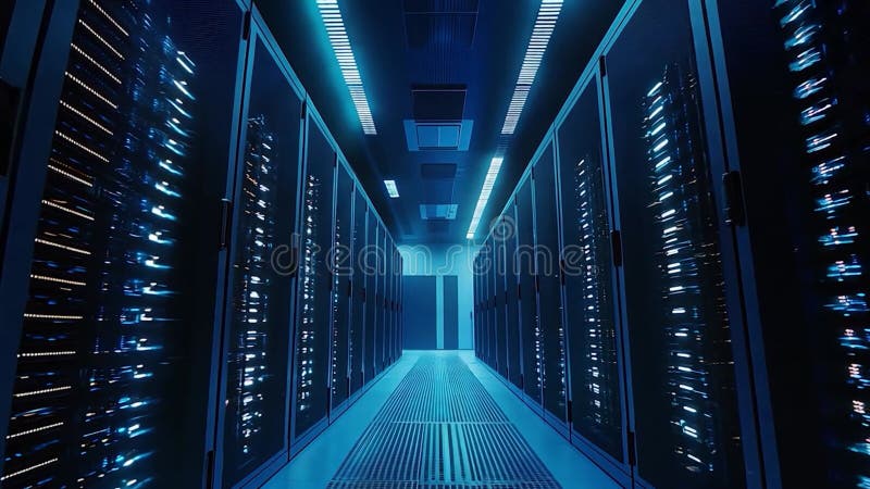 Abstract Blue Glowing Data Center Footage, Multiple Server Racks Align ...