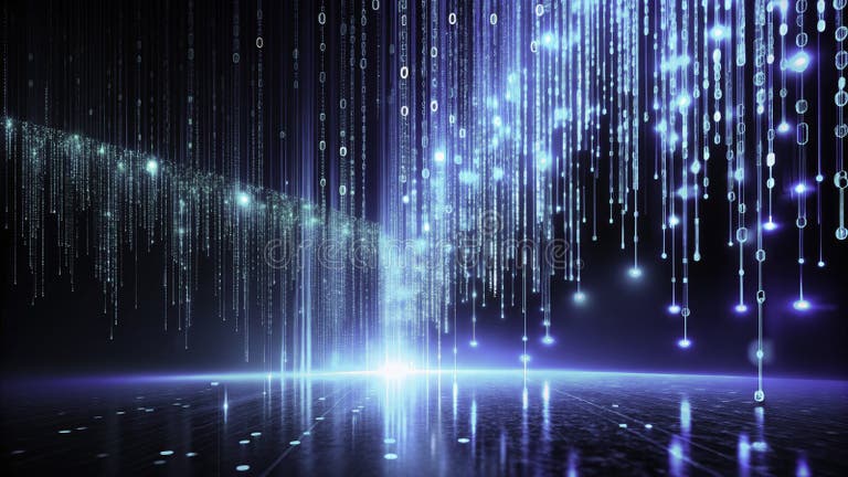 Abstract Blue Glowing Digital Waterfall of Binary Code and Lights a ...