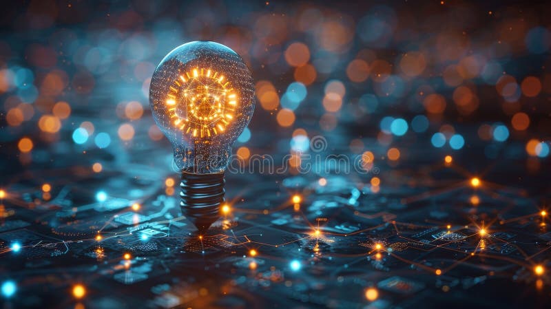 An Abstract Blue Glowing Light Bulb with Gears Inside. a Low Poly ...