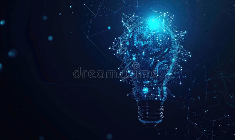 Abstract Blue Glowing Light Bulb with Gears Inside. Machine Learning ...