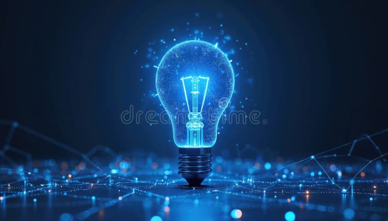 Abstract Blue Glowing Light Bulb Illustration. Low-poly Wireframe Style ...