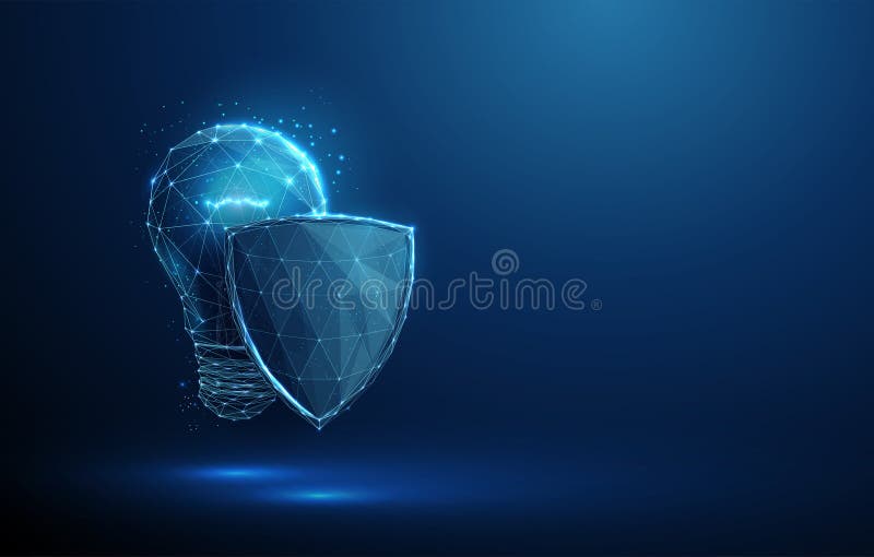 Abstract Blue Glowing Lightbulb Behind Futuristic Guard Shield ...
