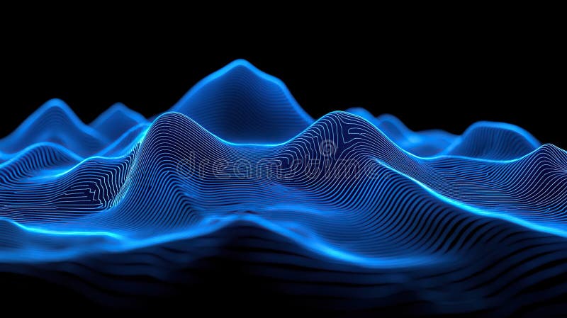Abstract Blue Glowing Lines Forming a Wave-like Landscape on a Black ...