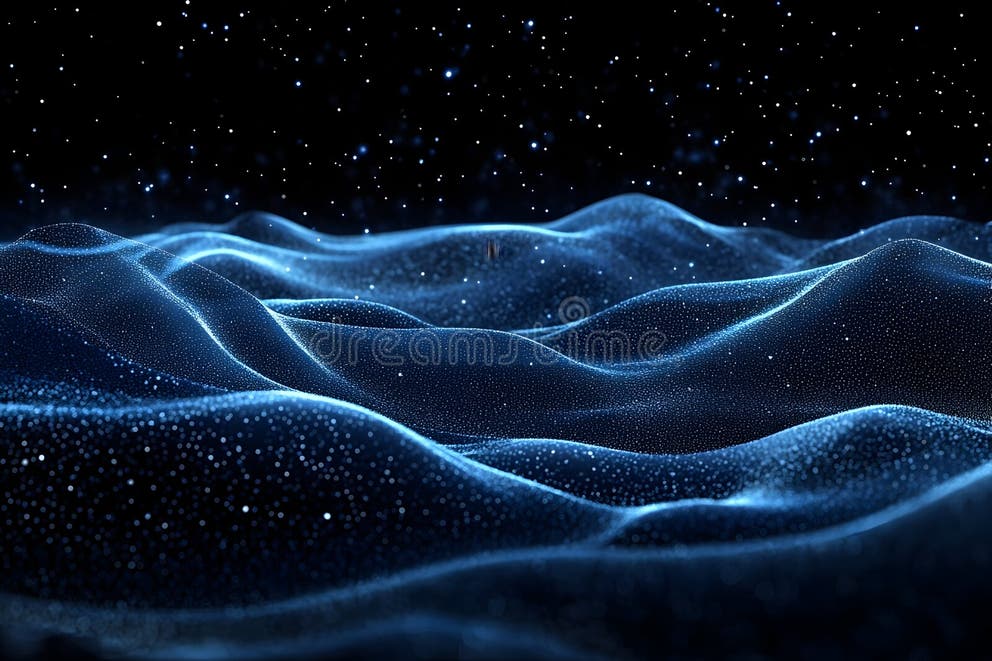 Abstract Blue Glowing Particle Waves Under Starry Night Sky. Generative ...