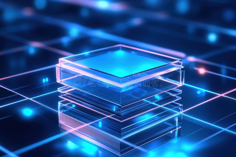 Abstract Blue Glowing Square with Reflective Surface on a Digital Grid ...