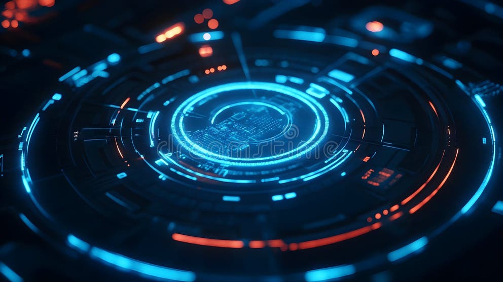 Abstract Blue Glowing Tech Circles and Data Flow in a Sci-Fi Interface ...
