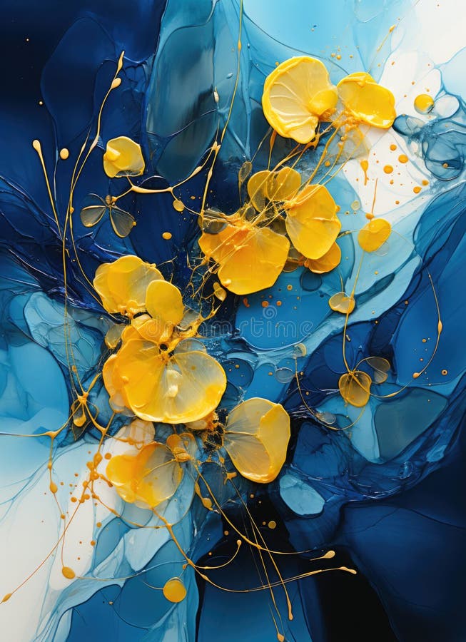 Abstract Blue and Gold Acrylic Painting with Circles and Drips Stock ...
