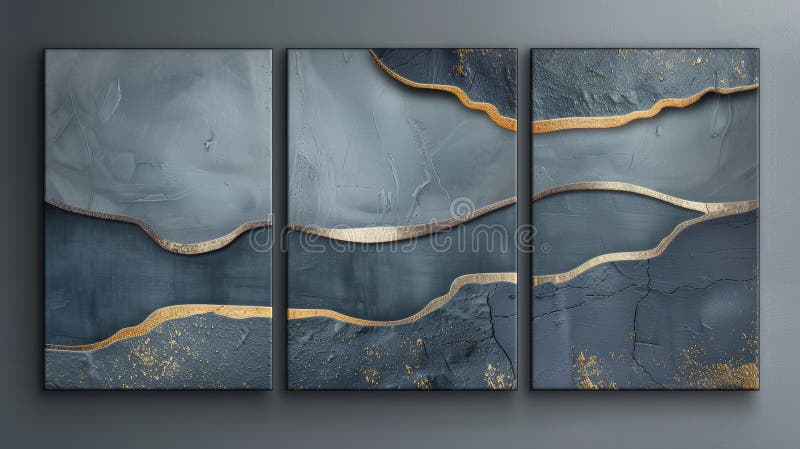 Abstract Blue and Gold Canvas Painting with Three Panels Stock ...