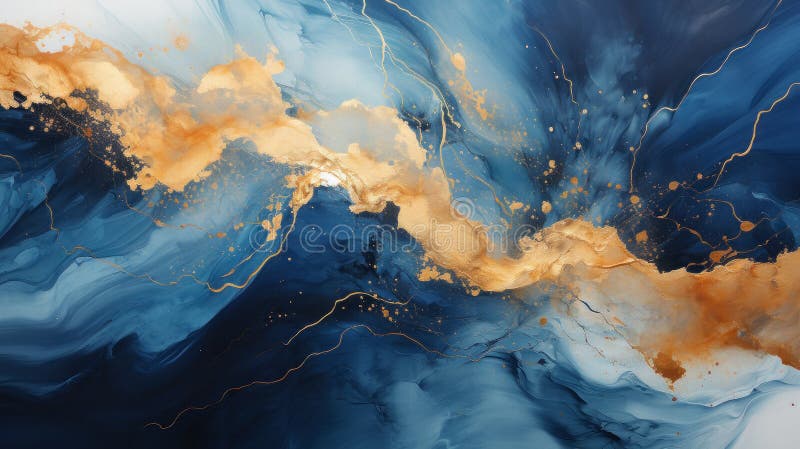 Abstract Blue and Gold Ink Art: a Serene Dreamscape Stock Illustration ...