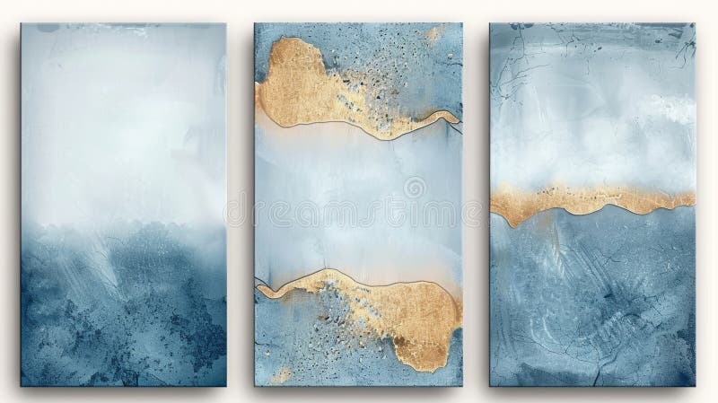 Abstract Blue and Gold Painting in a Triptych Format, with Subtle ...