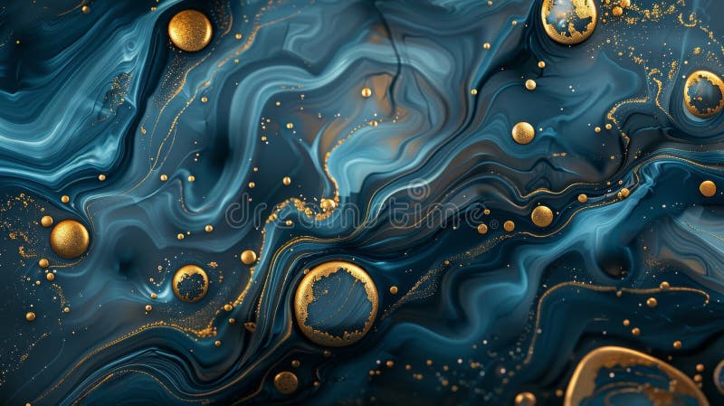 Abstract Blue and Gold Swirling Liquid with Golden Bubbles Stock ...