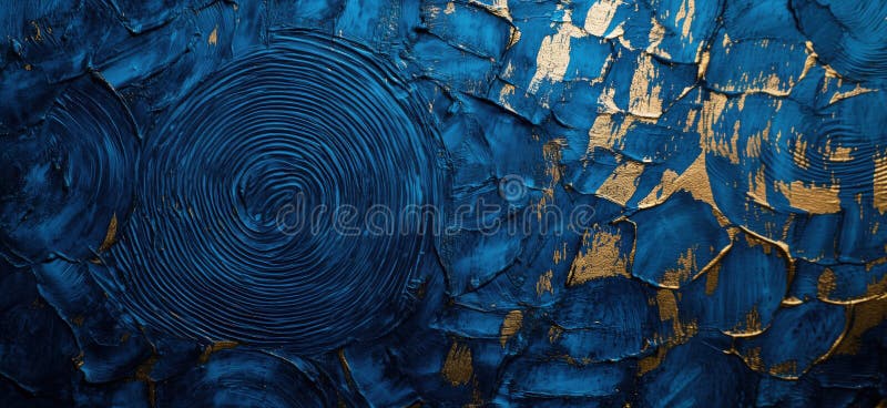Abstract Blue and Gold Textured Painting with Circular Patterns and ...