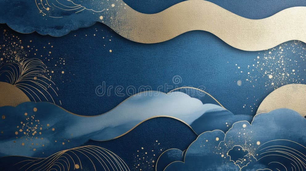 Abstract Blue and Gold Wave Patterns with Artistic Clouds Stock ...