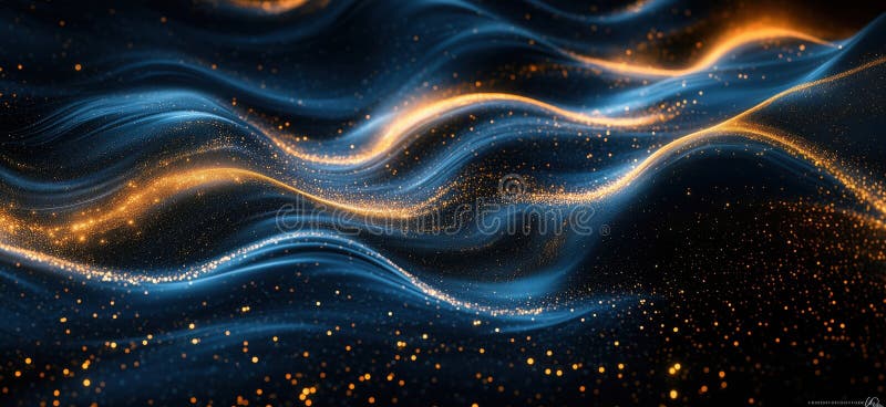 Abstract Blue and Gold Wave Patterns with Glowing Particles in Dark ...