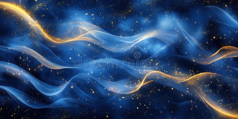 Abstract Blue and Gold Waves with Sparkling Stars and Cosmic Background ...