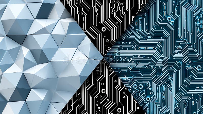 Abstract Blue and Gray Geometric Shapes with Circuit Board Background ...