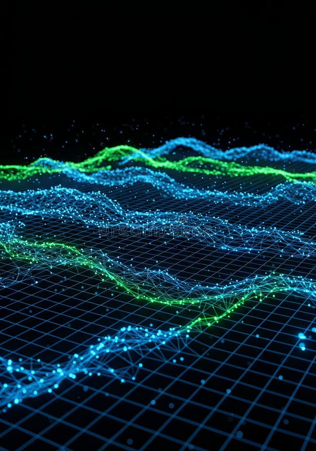 Abstract Blue and Green Data Waves on Dark Grid Background Stock ...