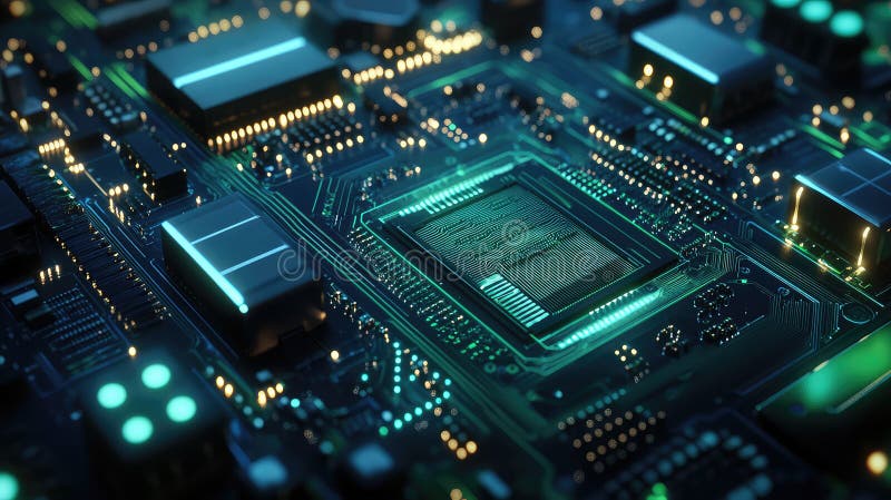 Abstract Blue and Green Electronic PCB Background with 3D Illustration ...