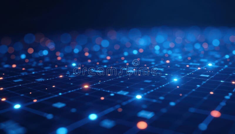 Abstract Blue Grid, Glowing Dots and Squares Futuristic Tech Background ...