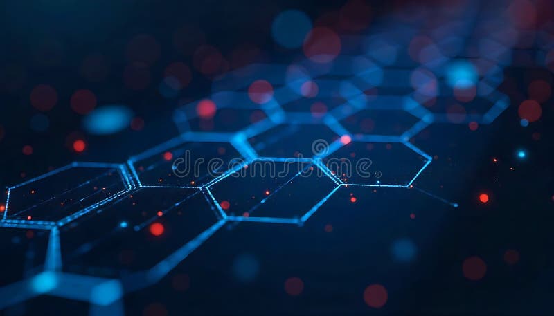 Abstract Blue Hexagon Pattern with Red and Blue Particles on a Dark ...