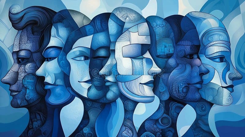 Abstract Blue Human Faces in Different Expressions Stock Illustration ...