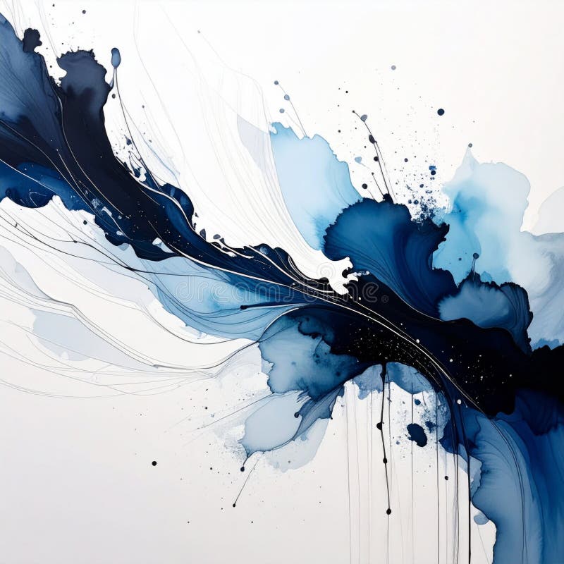 Abstract Blue Ink Watercolor Painting on White Canvas Stock ...