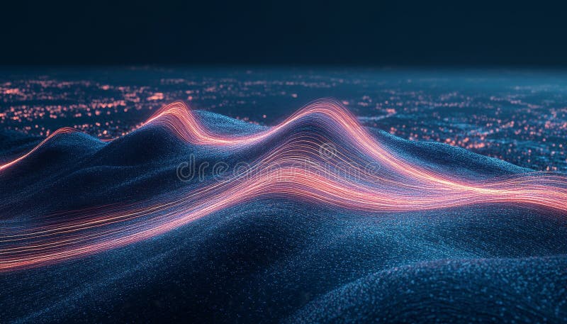Abstract Blue Landscape with Glowing Orange Lines Flowing Across the ...