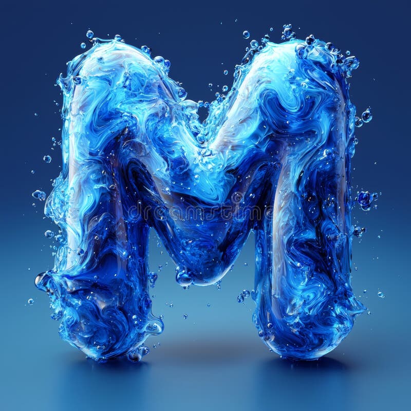 Abstract Blue Letter M with Swirling 3D Liquid Texture and Spheres ...