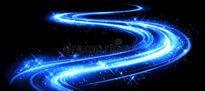 Abstract Blue Light Trails on a Dark Background with a Winding Path and ...
