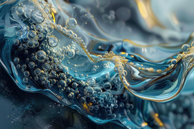 Abstract Blue Liquid with Bubbles and Golden Accents Stock Photo ...