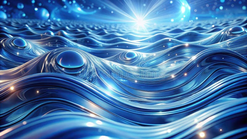 Abstract Blue Liquid Metal Waves with Glowing Particles and Bright ...