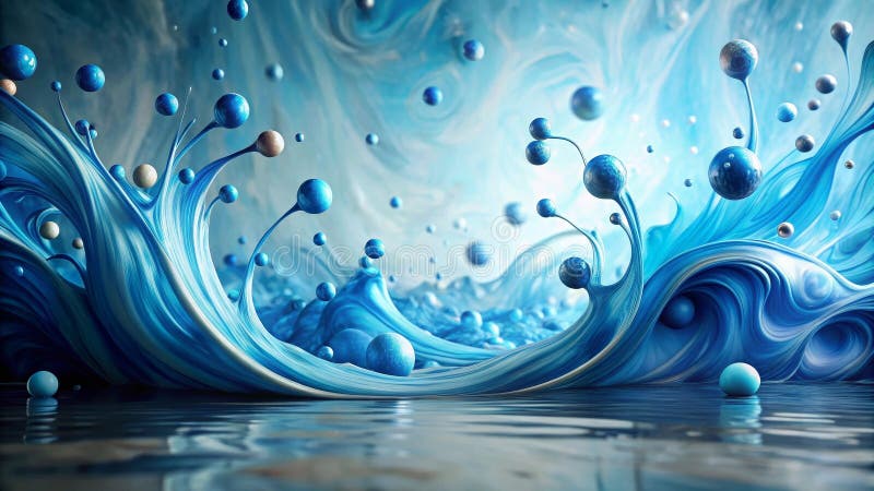 Abstract Blue Liquid Wave with Floating Spheres and Reflective Surface ...