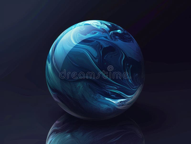 Abstract Blue Marble Sphere with Reflection on Black Background ...