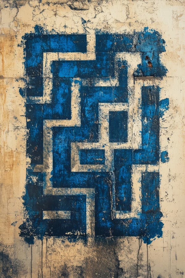 Abstract Blue Maze Pattern on Weathered Wall with Textured Surface ...