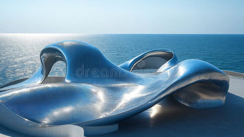 Abstract Blue Metal Wave Sculpture by the Sea Stock Illustration ...