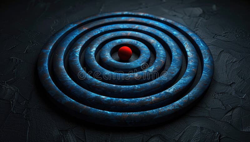 Abstract Blue Metallic Concentric Circles with a Red Sphere in the ...
