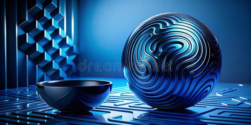 Abstract Blue Metallic Sphere and Bowl on Geometric Surface. Generative ...