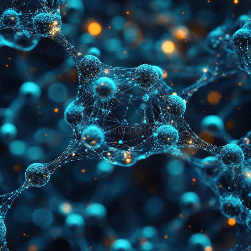 Abstract Blue Molecular Network with Glowing Particles in Background ...
