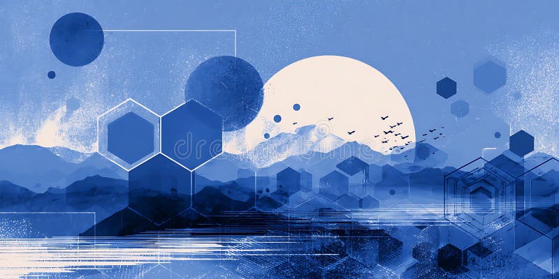 Abstract Blue Moon Landscape Hexagon Pattern Celestial Background ...