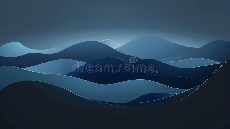 Abstract Blue Mountain Landscape with Silhouette of Hills and Water ...
