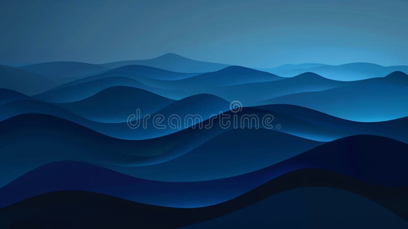 Abstract Blue Mountain Landscape with Silhouette of Hills and Water ...