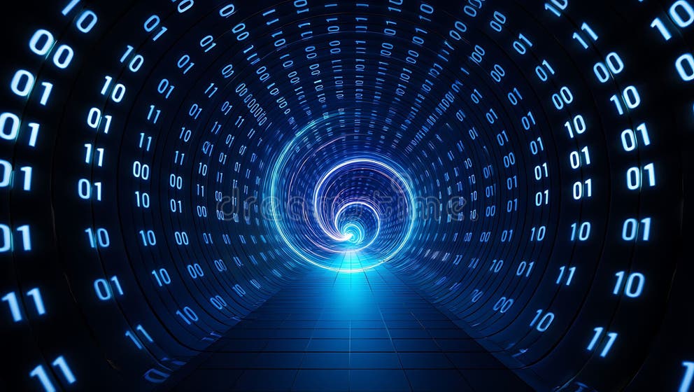 Abstract Blue Neon Binary Code Spiral Tunnel Technology Concept Stock Image - Image of digital ...