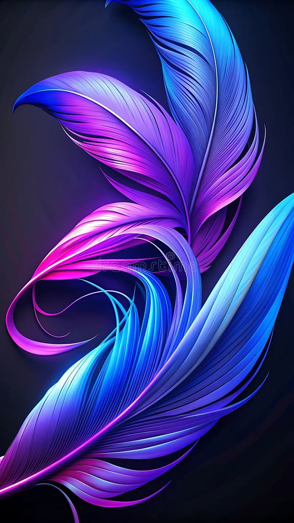 Abstract Blue Neon Glowing Digital Feather on a Dark Background Stock ...