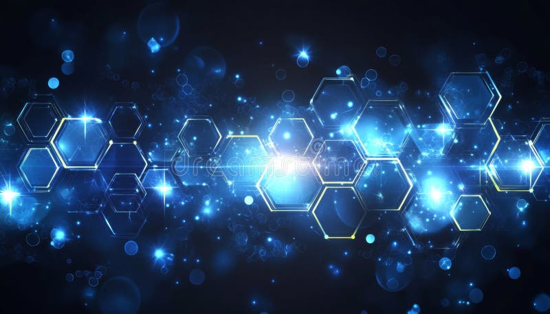 Abstract Blue Neon Hexagonal Pattern, Connecting Lines, Light Flares on ...