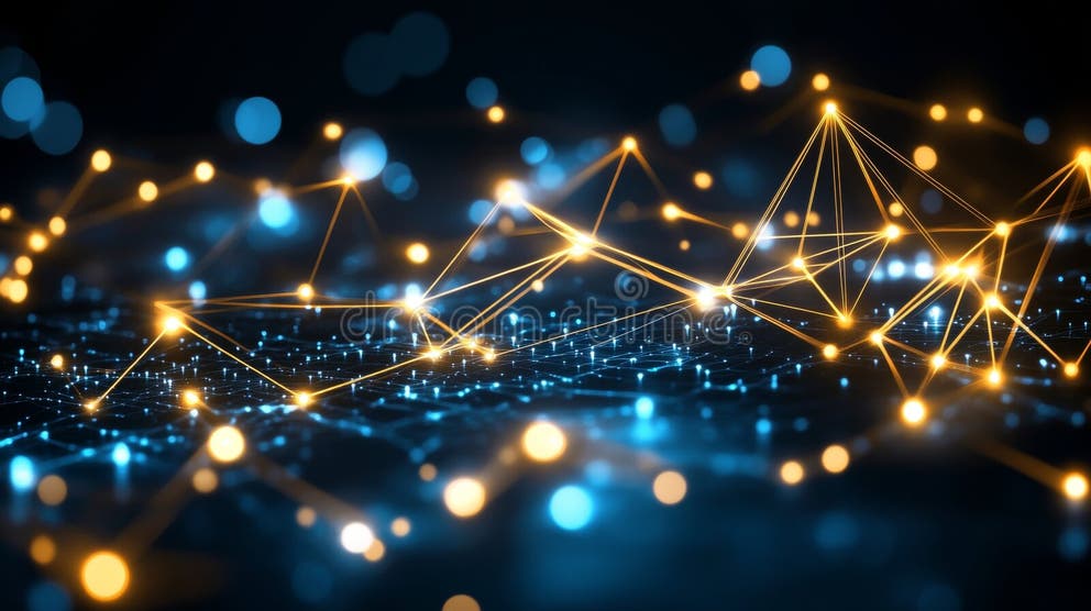 Abstract Blue Network Background with Connecting Lines, Light Flares on ...